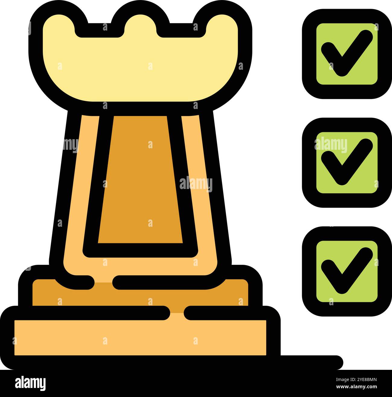 Golden chess rook piece standing with strategy checkmarks illustrating ...