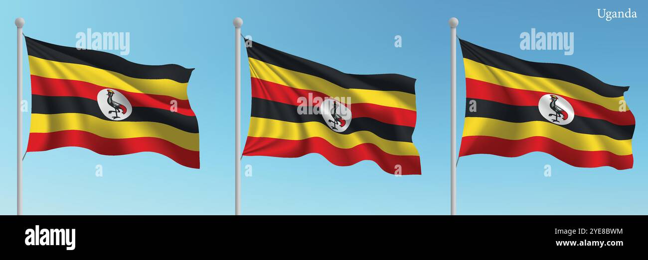 Set of three flags of Uganda waving on flagpoles with a vibrant blue sky backdrop Stock Vector ...