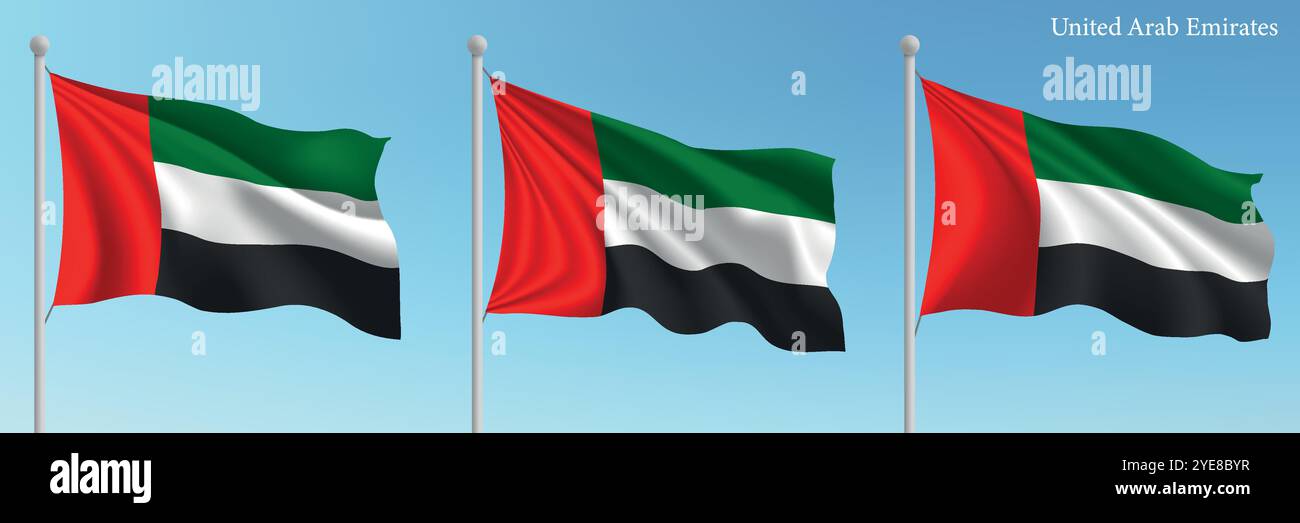 Set of three flags of United Arab Emirates waving on flagpoles with a ...