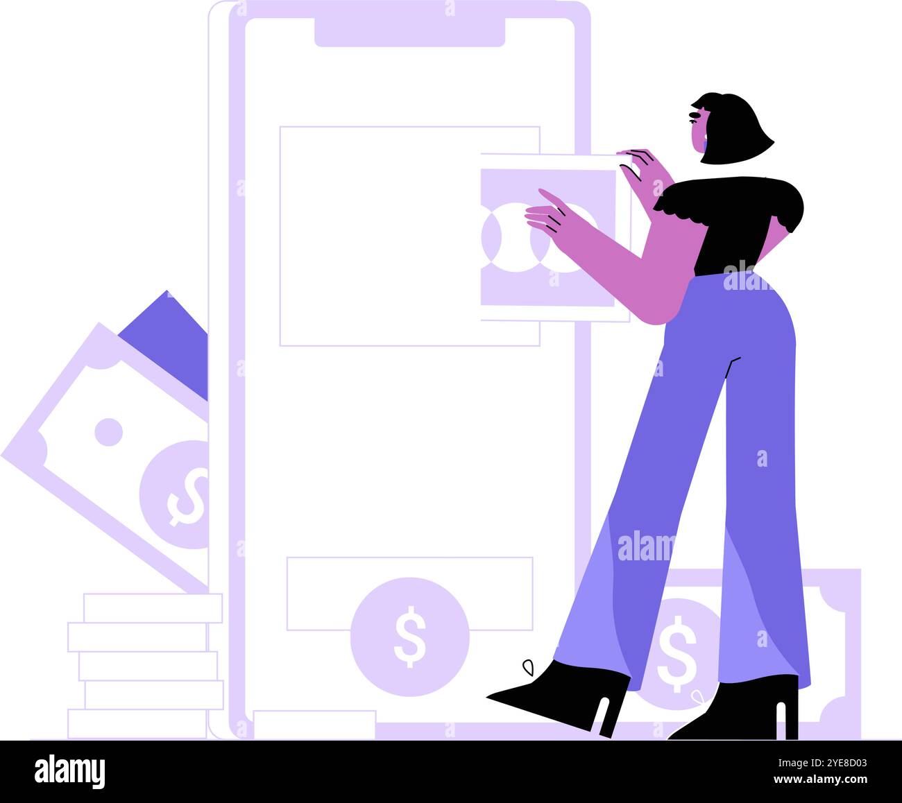 Female Character Interacting With NFT Art Display On Smartphone In Flat ...