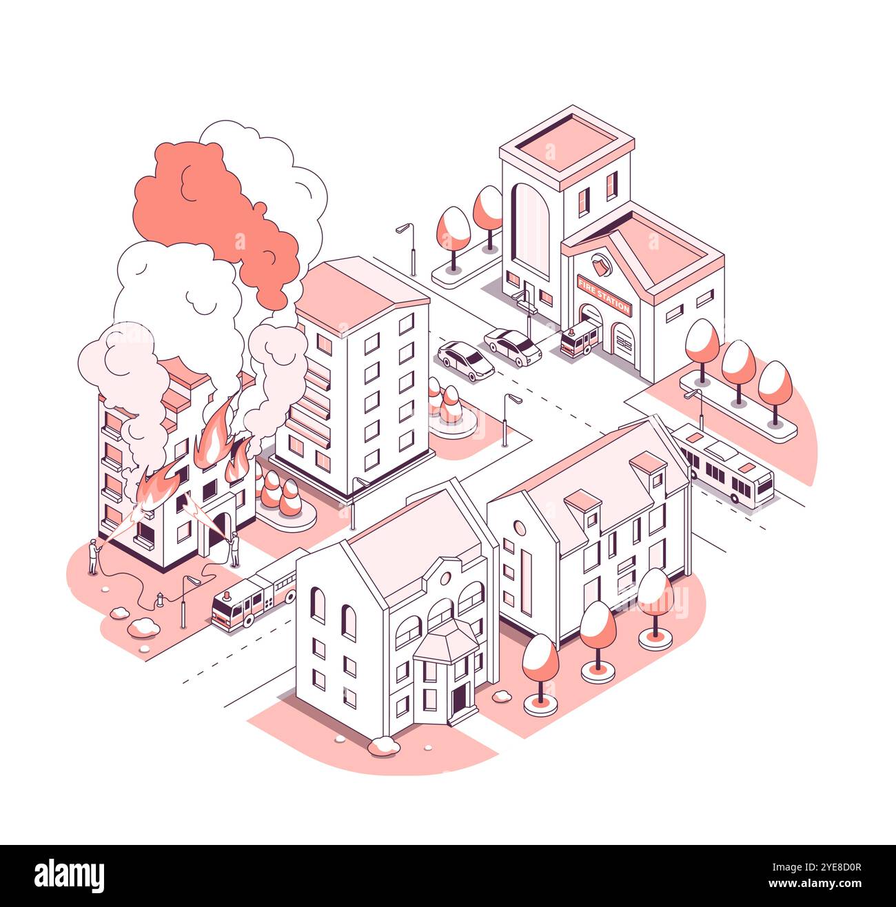 Firefighters extinguish a city fire - vector isometric illustration ...