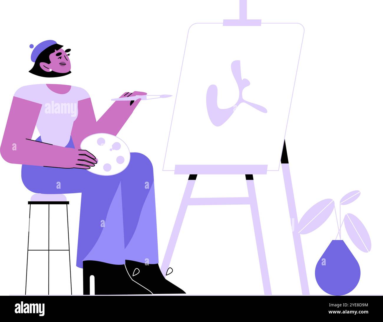 Female Artist Painting On Canvas In Flat Vector Illustration ...