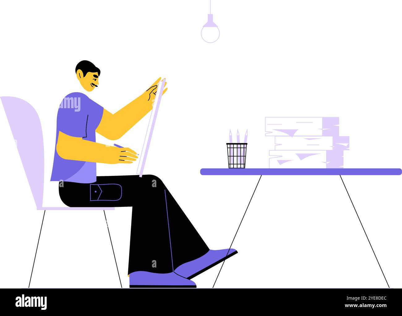 Man At Desk Working With Blueprints In Flat Vector Illustration ...