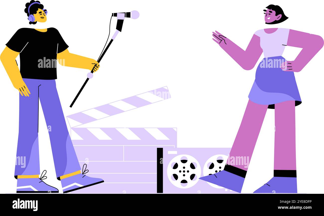 Soundman With Microphone And Female Actor In Flat Vector Illustration ...