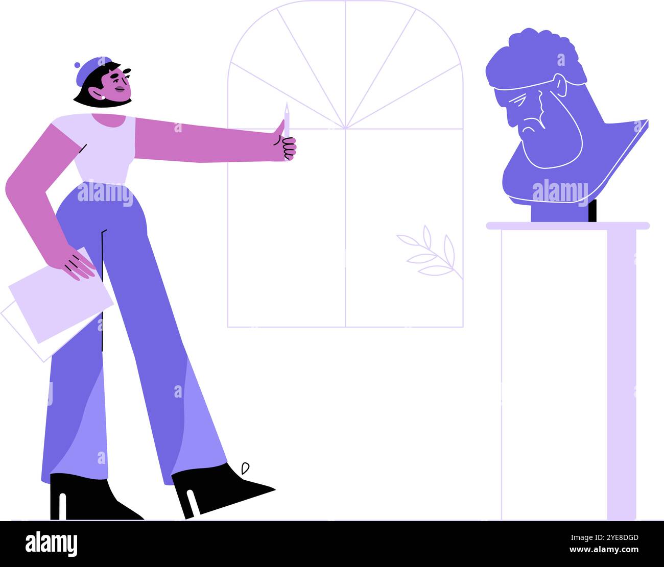 Female Art Critic Admiring Sculpture In Flat Vector Illustration ...