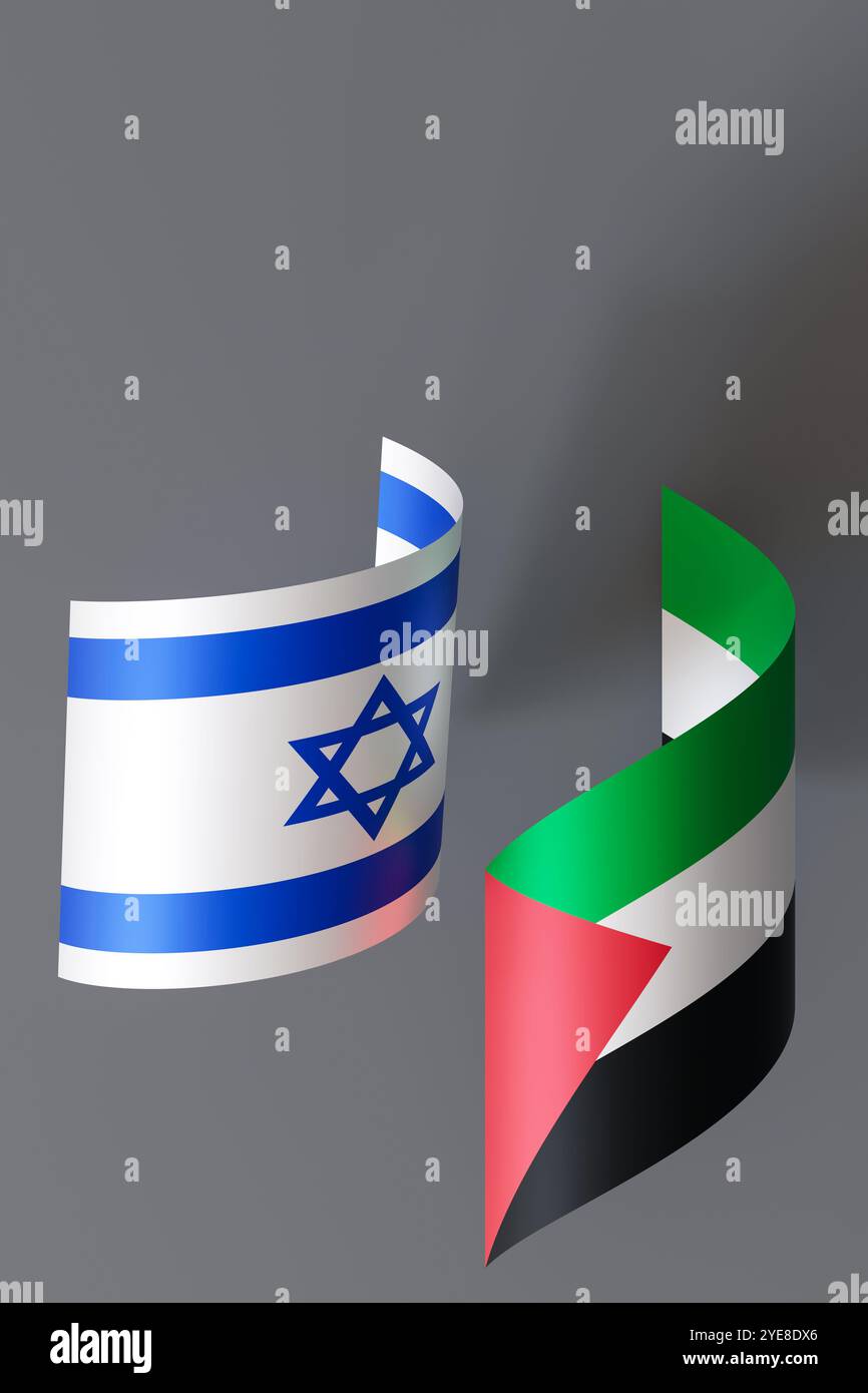 Israeli and Palestinian flags on gray background. Complex relationship ...