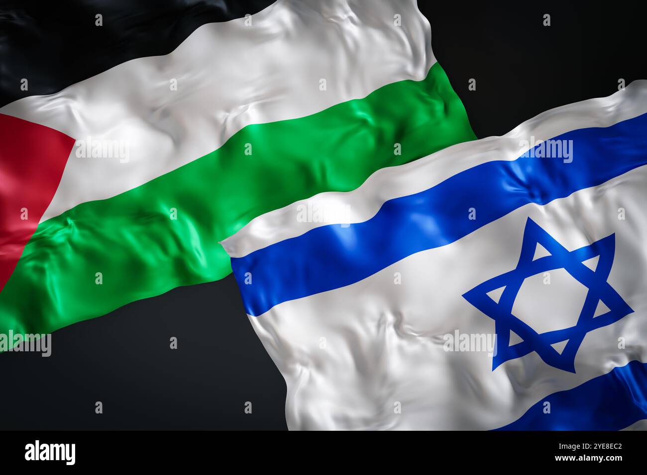 Israeli and Palestinian flags on dark background. Image represents ...