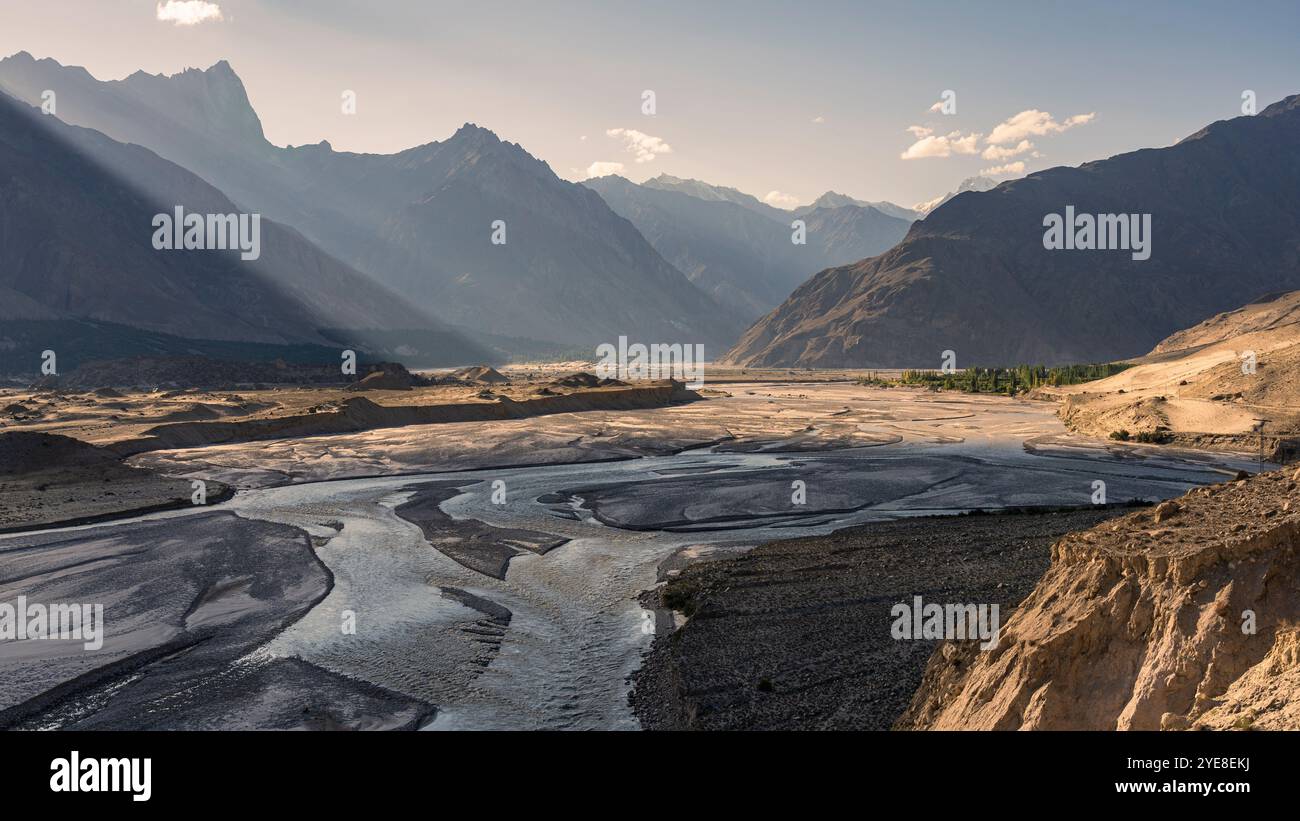 Scenic landscape view of Shigar river and valley in Karakoram mountain ...