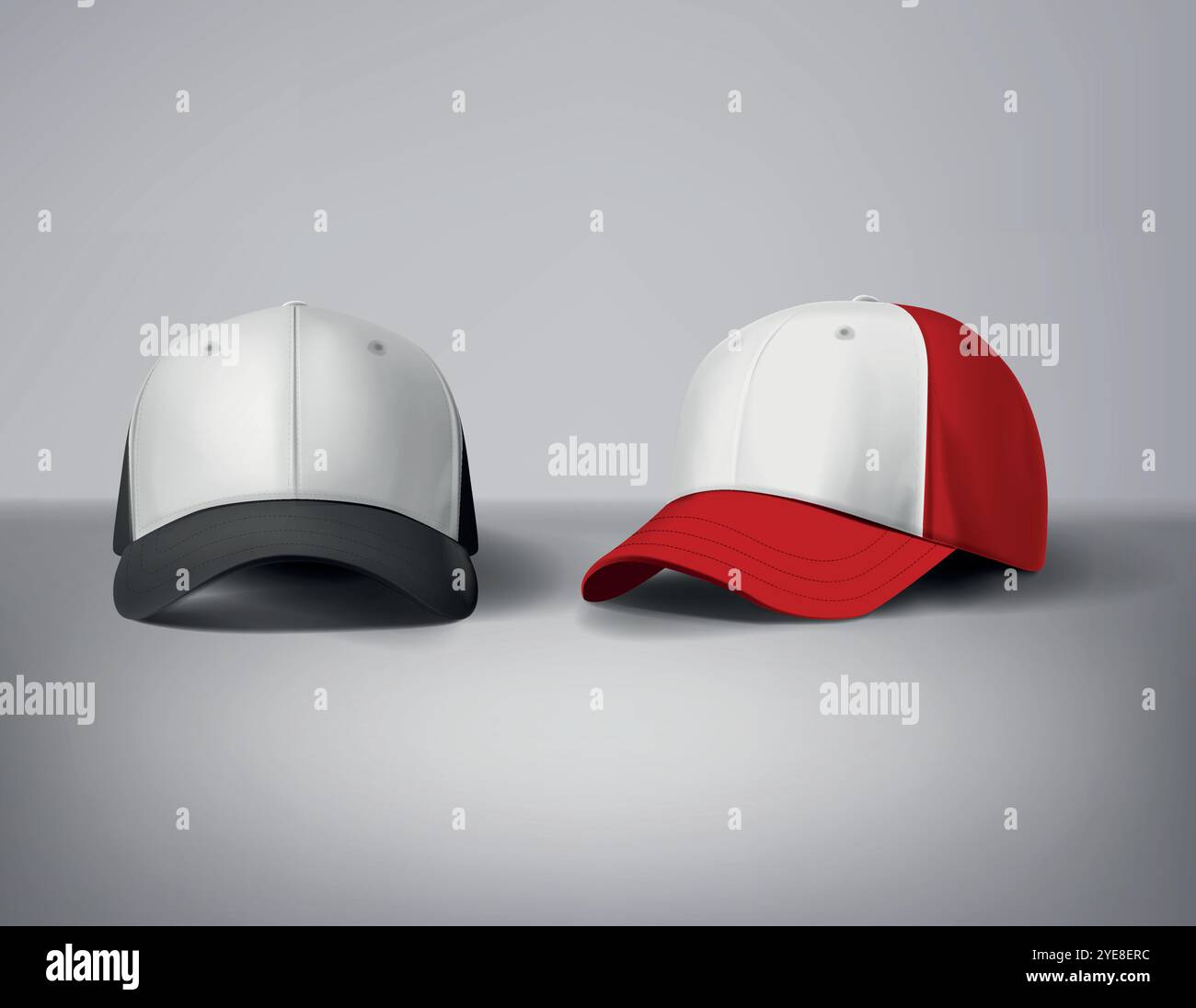 Black and red baseball caps mock up with logo in gray background, front ...