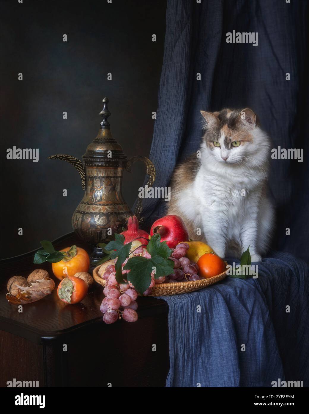 Still life with fruits and curious kitty Stock Photo - Alamy