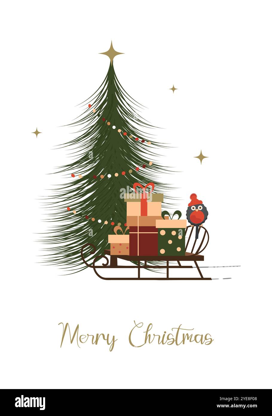 Merry christmas card with a christmas tree, winter sledge, colorful ...