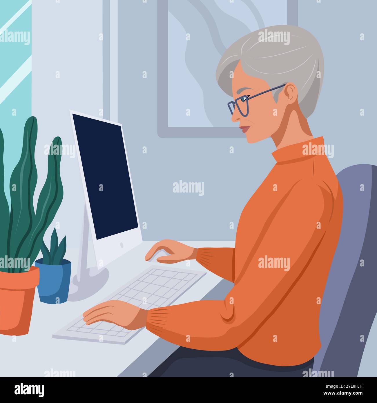Vector illustration old woman studying at computer in modern flat style ...