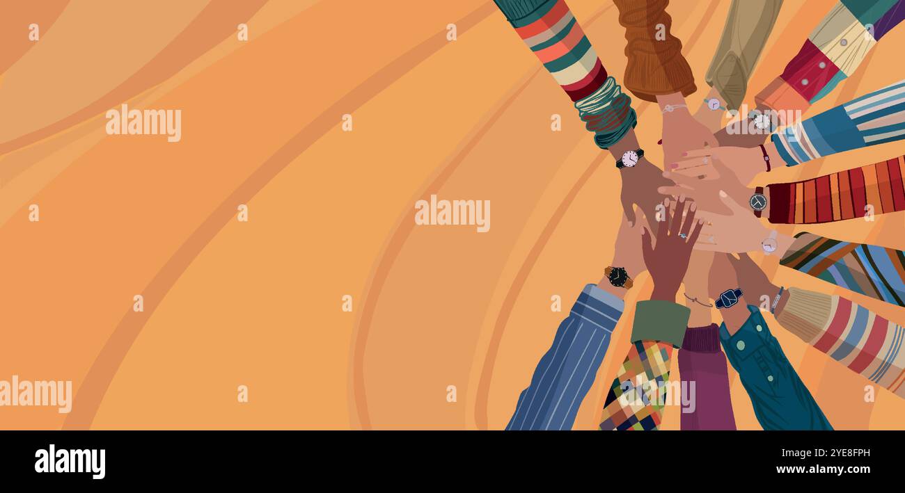 Group hands on top of each other of multicultural people. Community teamwork cooperation or ...