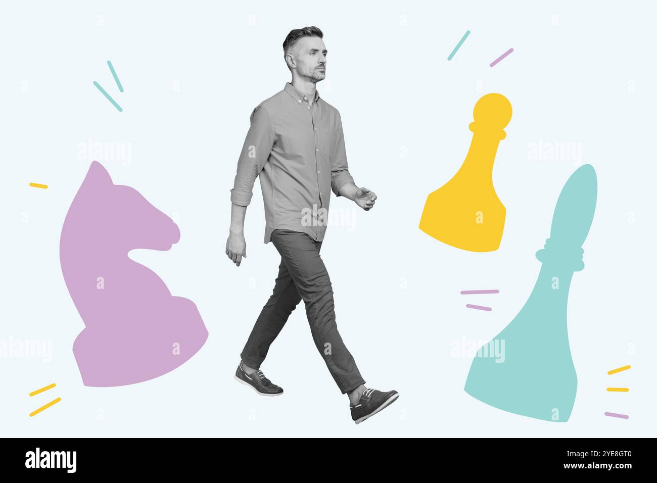 Creative collage picture young man walk go chess board game player ...