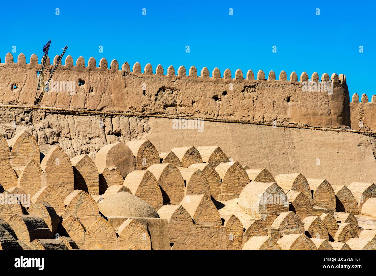 Crenellated walls and tombs at (inner town) Itchan Kala, Khiva. Khiva ...