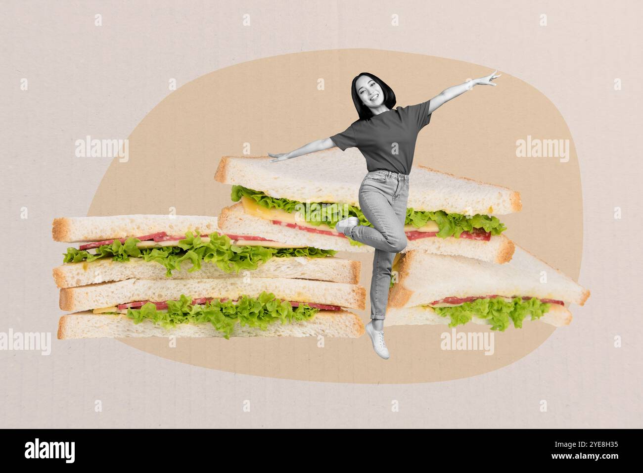 Composite creative art collage of happy girl dance sandwich bread ...