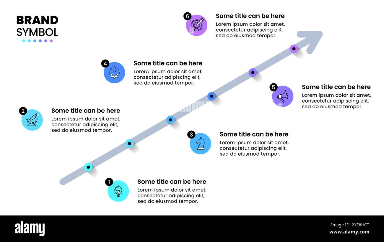 Infographic template with icons and 6 options or steps. Diagonal arrow ...