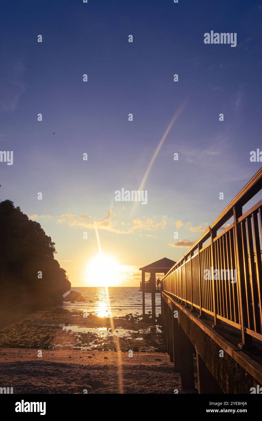Sunset on a gazebo by the beach. Portrait. Bil-At Point, Ferrol ...