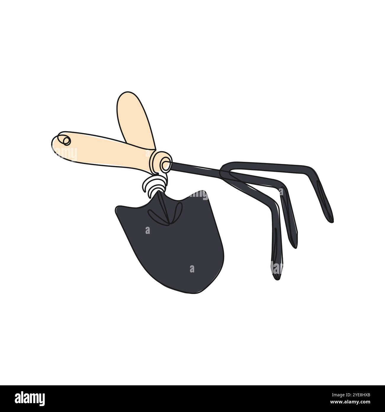 Gardening tools, spade and rake. One line art. Gardening or planting ...