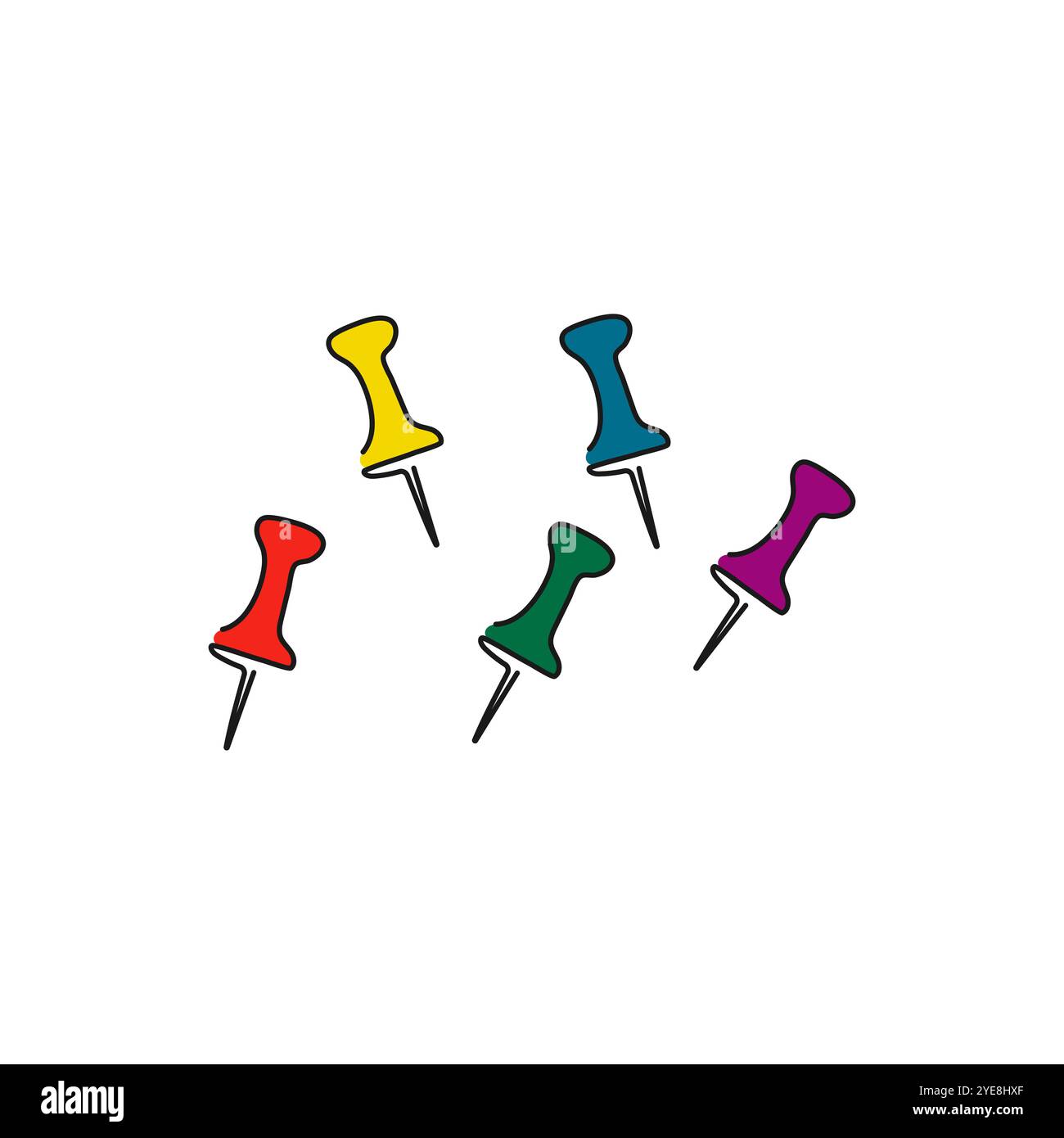 Set of multi colored push pins. Line art. Collection of various ...