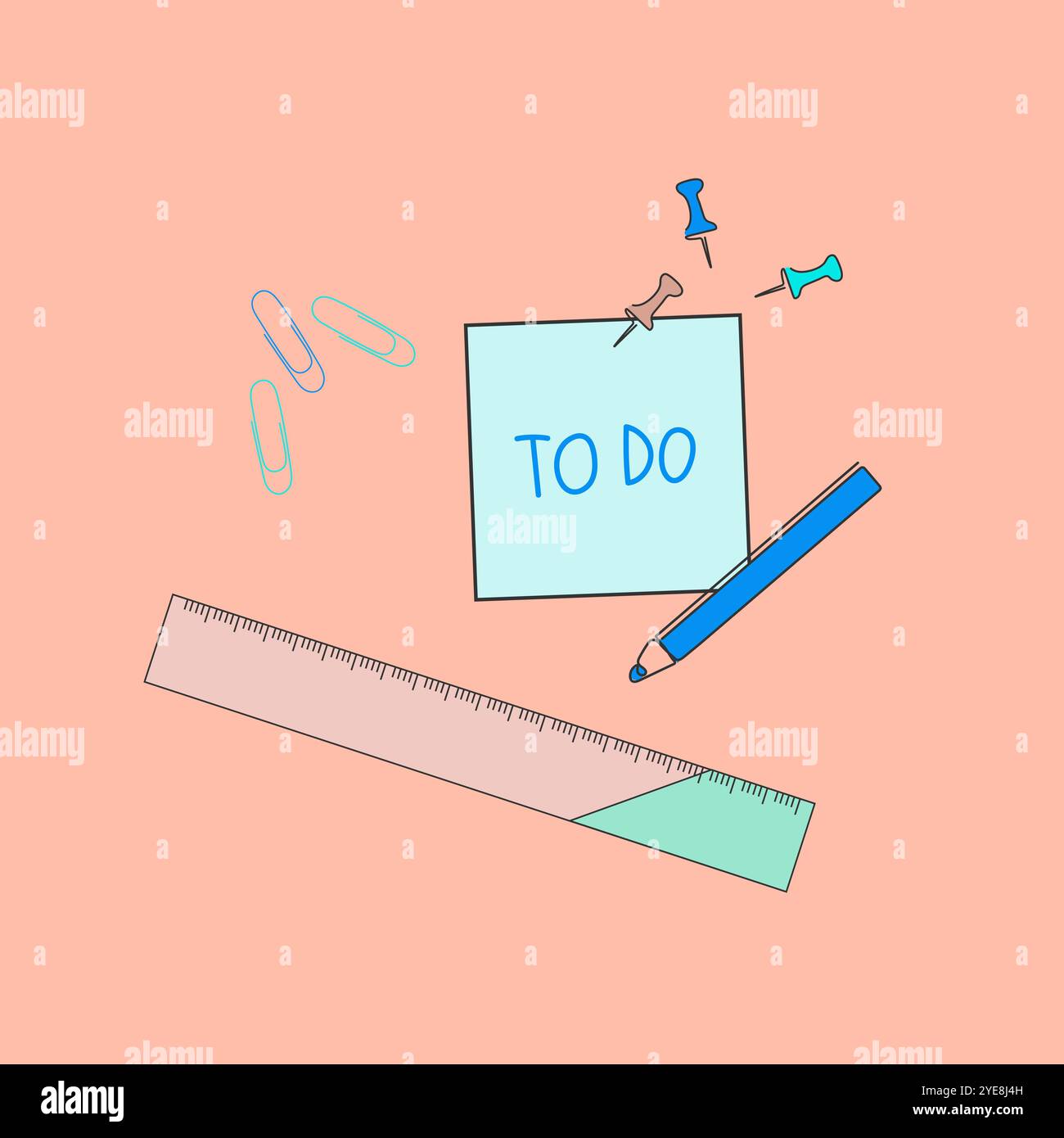 Stationery for study and work. Note paper with pencil, ruler, push pins ...