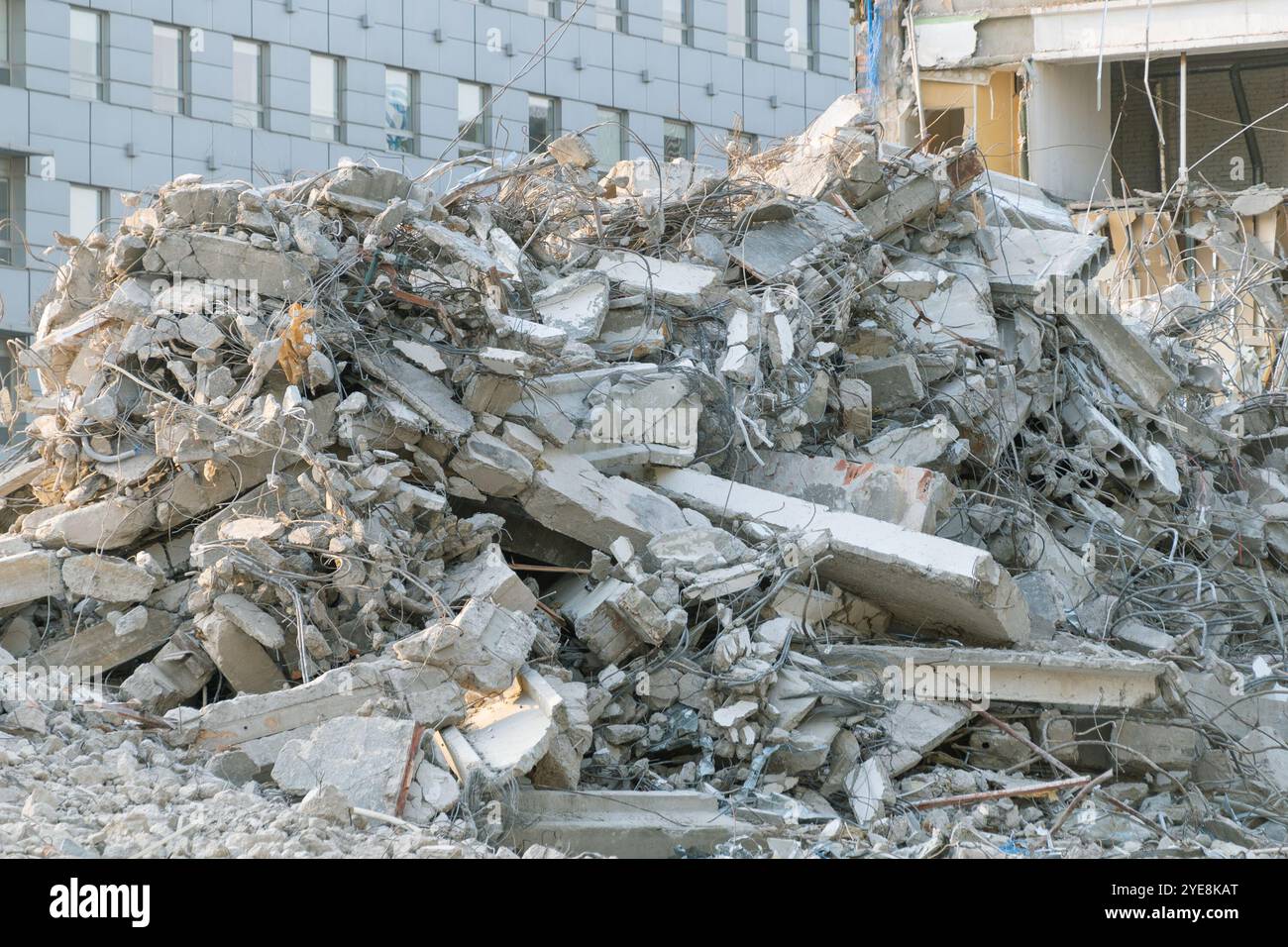 Demolition of a building. The wreckage of a demolished building. A pile ...