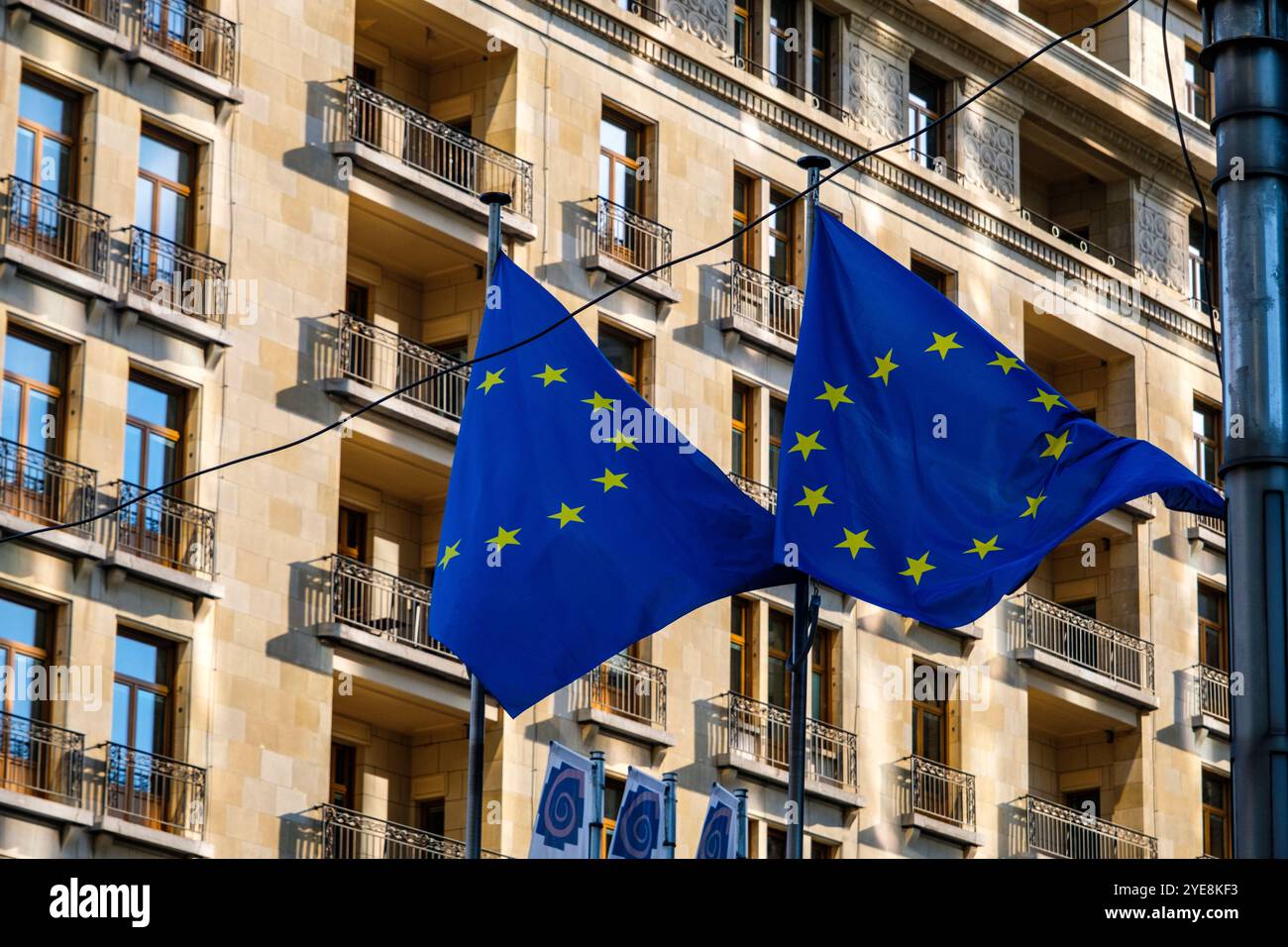Several official European Flags with the blue and the yellow stars are ...