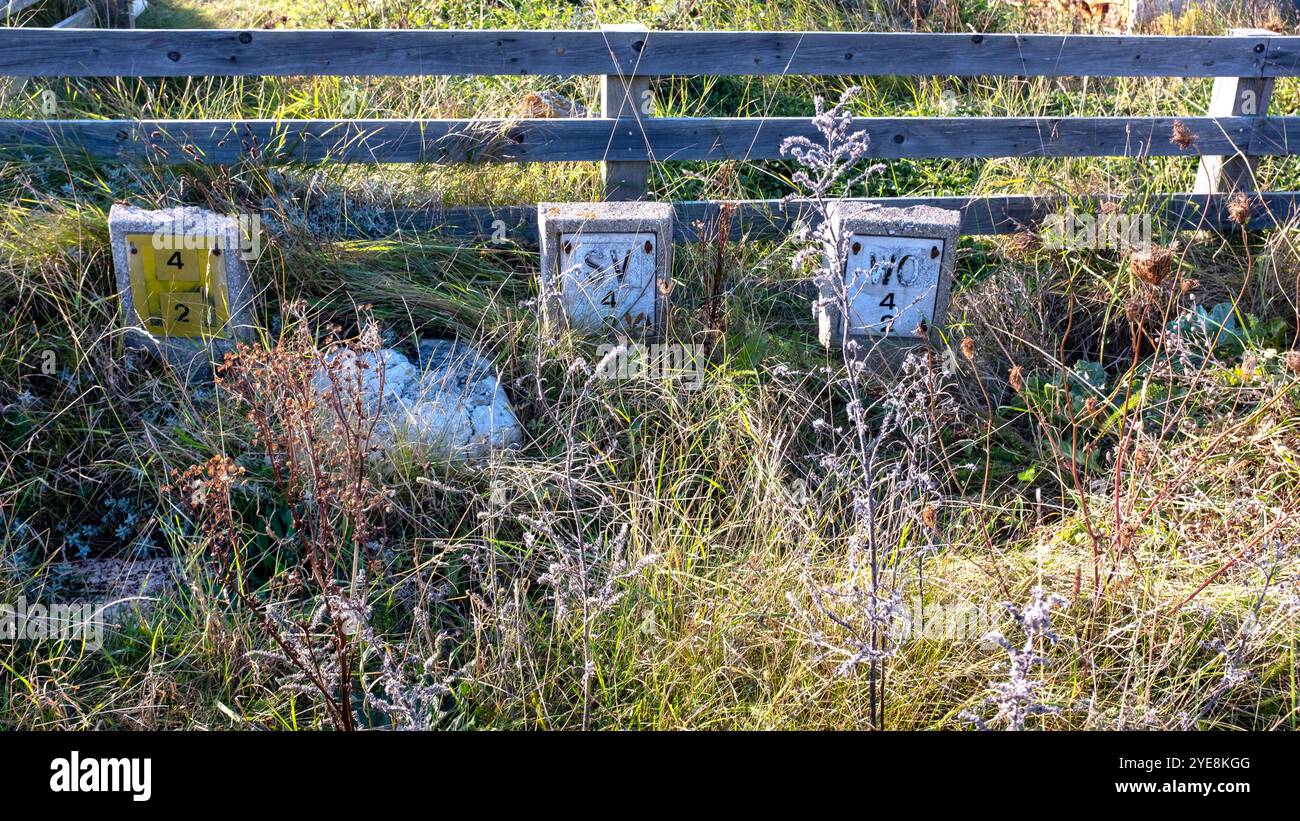 Concrete marker posts, signage on the beach, Dungeness New Romney Stock ...
