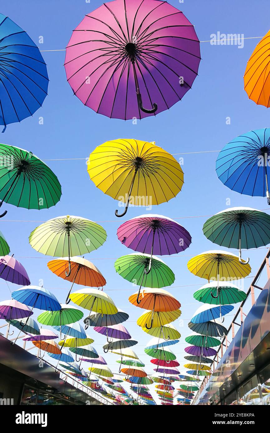 Alley of colorful umbrellas. Festive decorations, street decorations ...