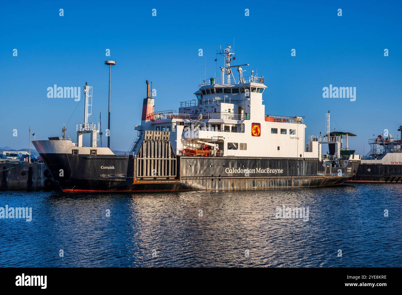 Caledonian MacBrayne ferry MV Coruisk on quayside at Mallaig harbour at ...