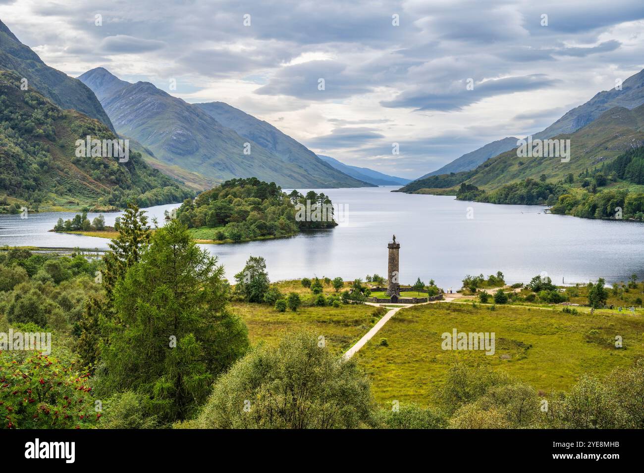 View looking down on The Glenfinnan Monument at the head of Loch Shiel ...