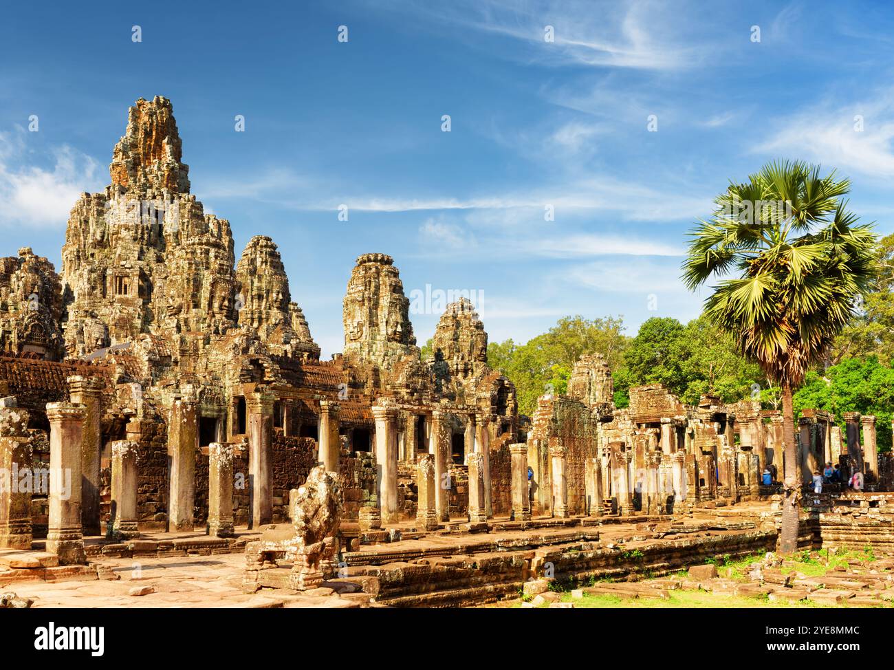 Main view of ancient Bayon temple in Angkor Thom in evening sun Stock ...