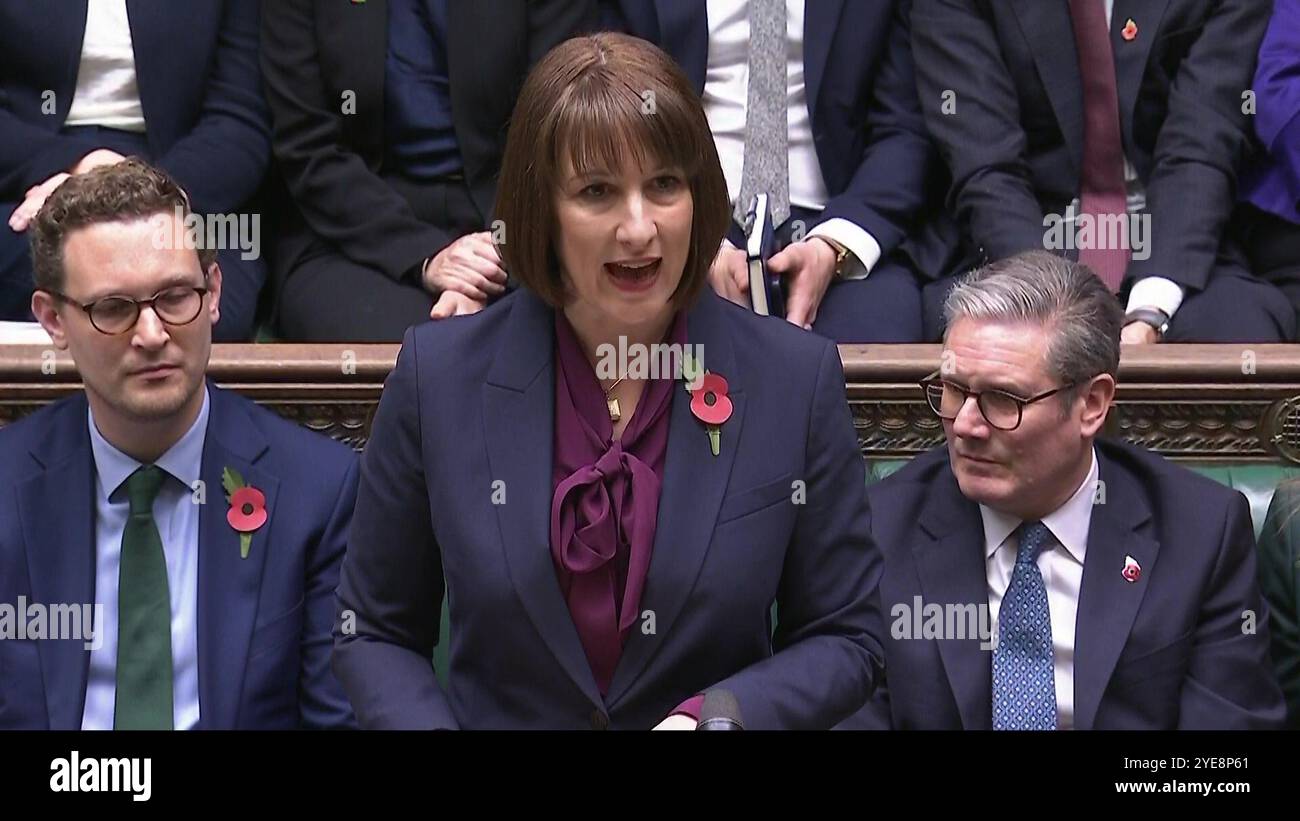 Screen grab of Chancellor of the Exchequer Rachel Reeves delivering her ...