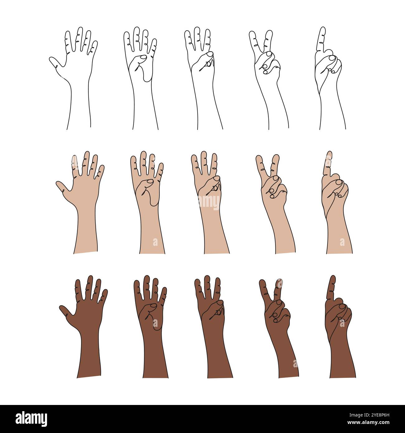 Hand gesture. Count to five on fingers. Line art. One, two, three, four, five. Pose and ...