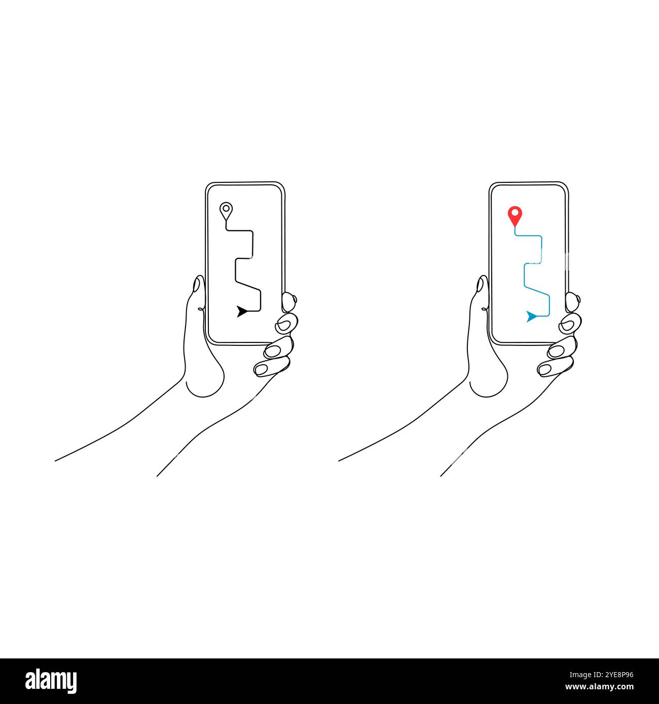 Hand holding phone, smartphone with navigation. One line art. Person ...