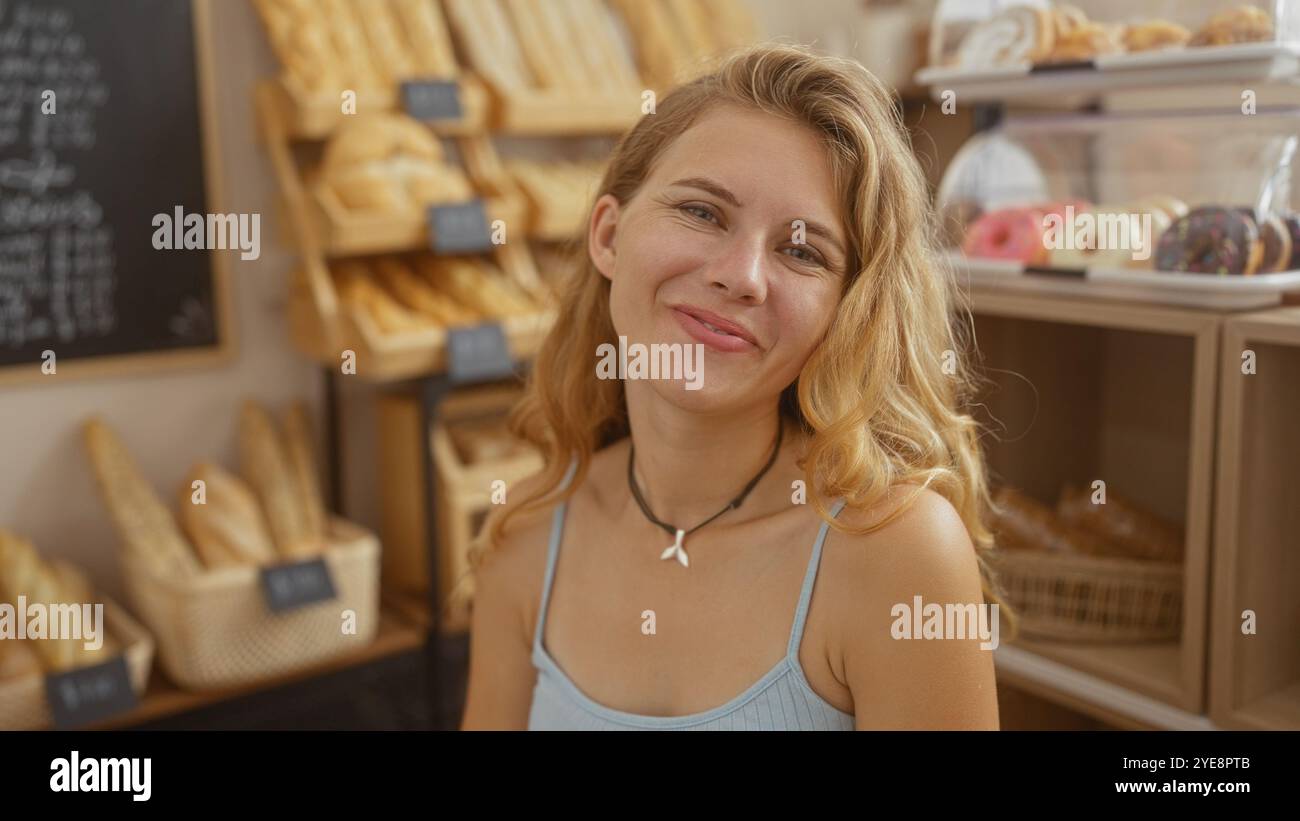 Young woman smiling indoors at a bakery with various breads and ...