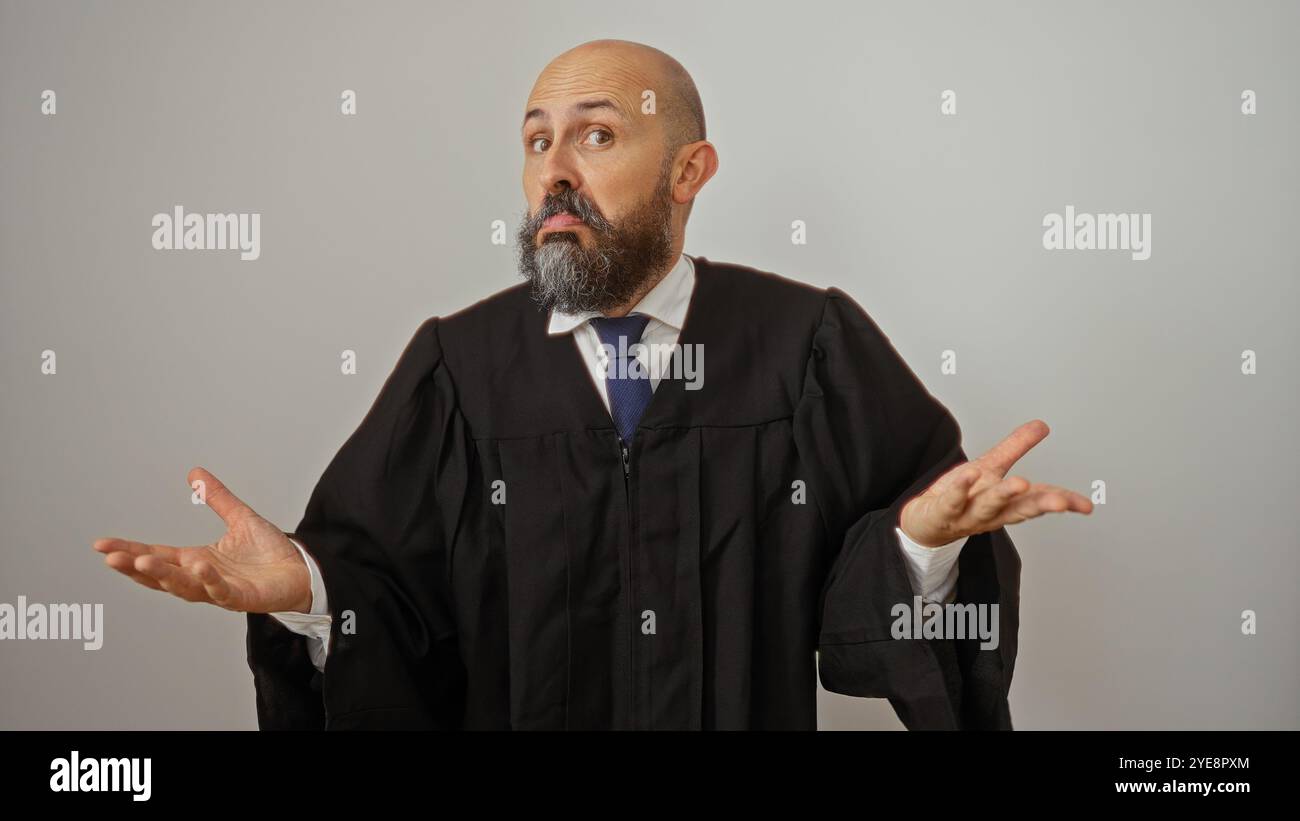 Hispanic bearded man in judge robe posing with unsure expression on ...