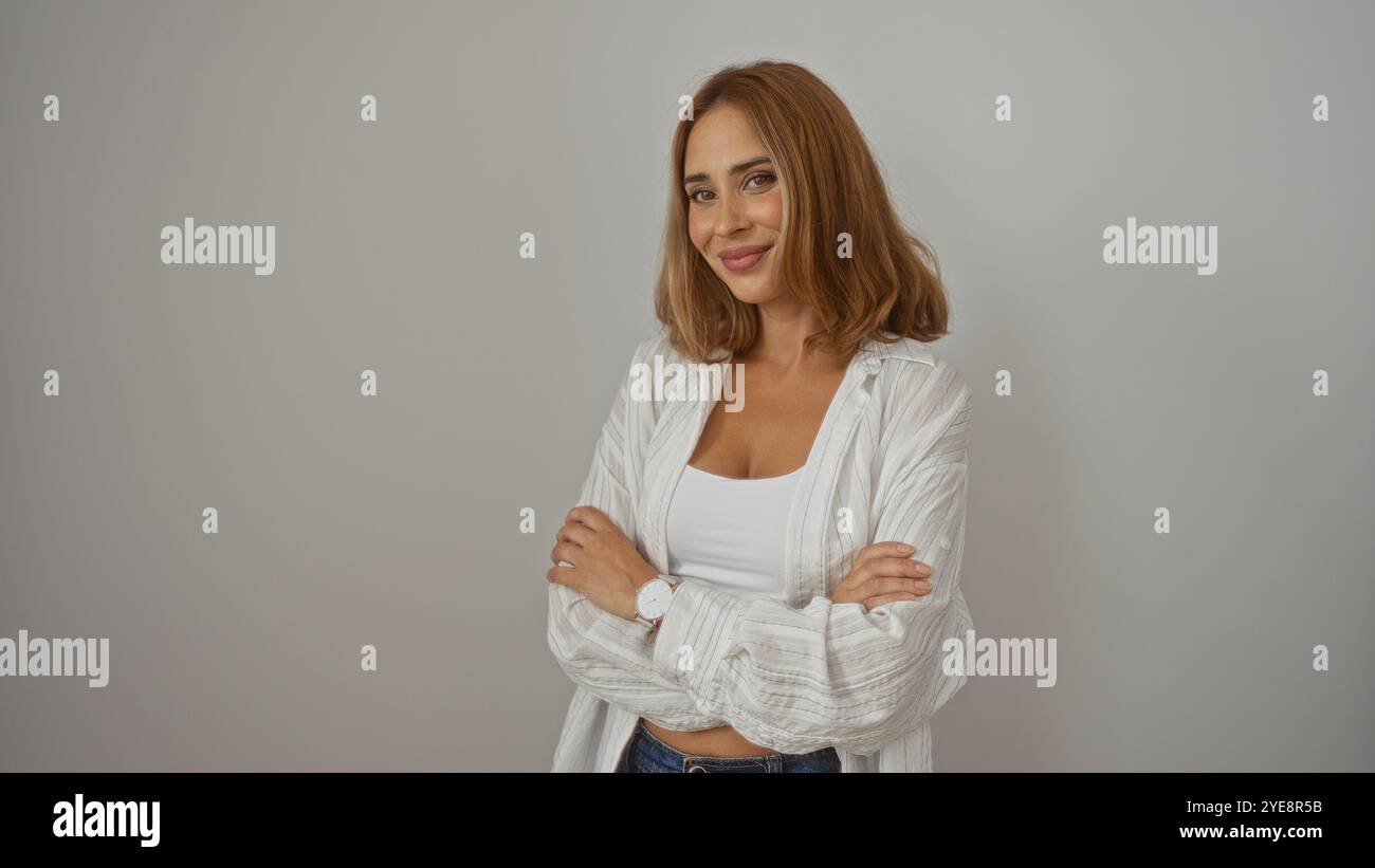 Young, attractive hispanic woman smiling confidently with crossed arms ...
