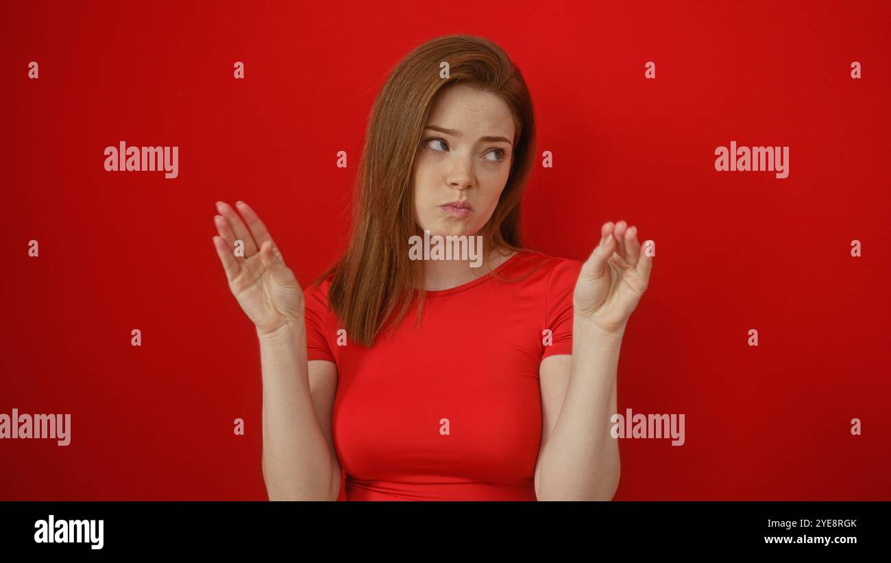 Young woman making hand gestures over an isolated red background ...