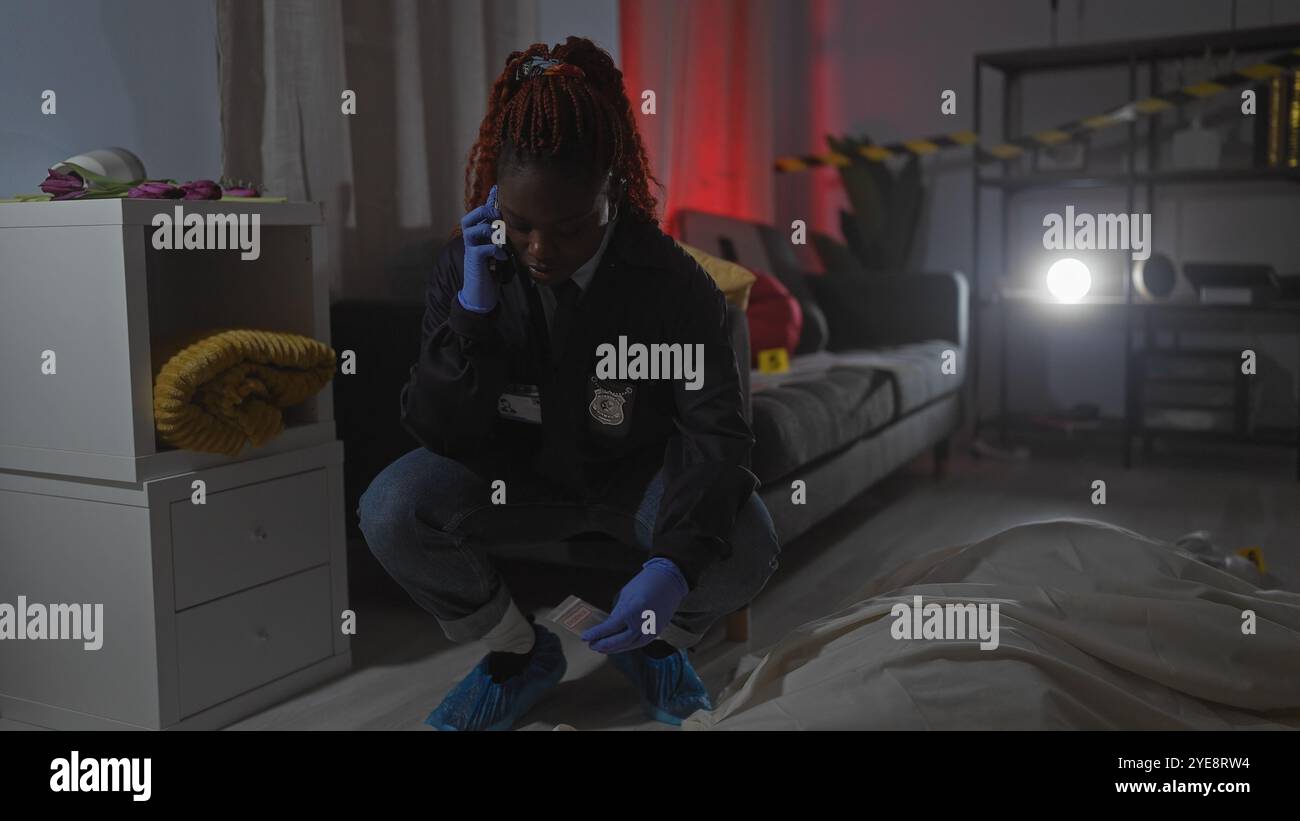 African american woman detective in uniform crouching at a night-time ...