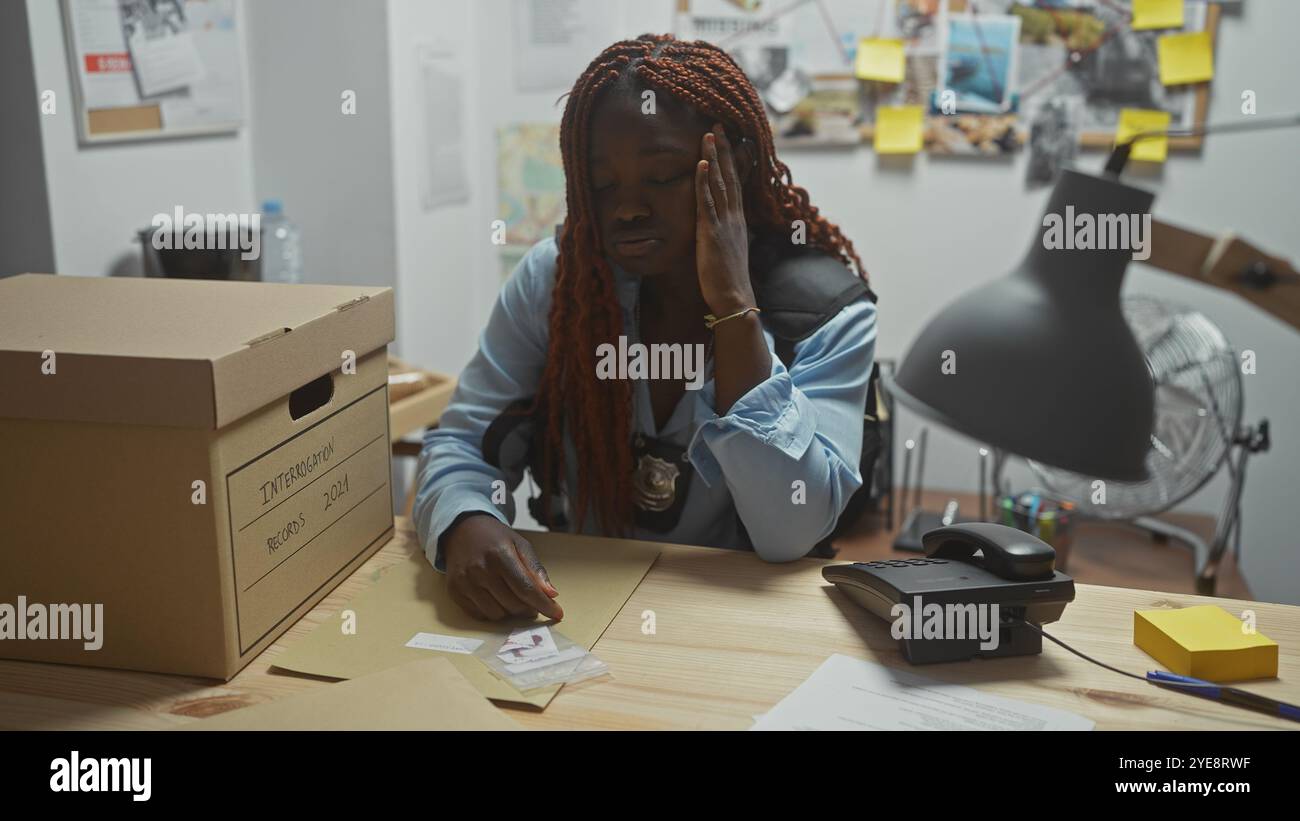 An exhausted female detective analyzes evidence at her cluttered office ...