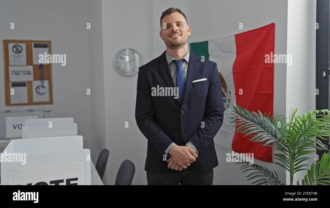Smiling hispanic man in suit standing in a voting room with mexican ...