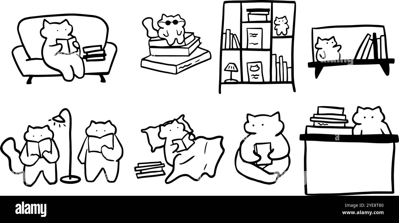 Cat x Book Set Illustration | Cute Minimalist Doodle Vector for Book ...