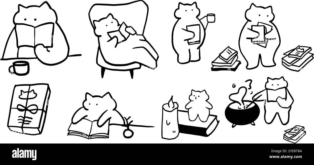 Cat x Book Set Illustration | Cute Minimalist Doodle Vector for Book ...