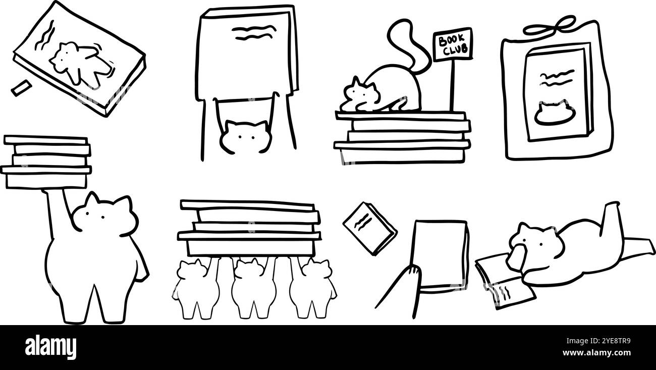 Cat x Book Set Illustration | Cute Minimalist Doodle Vector for Book ...