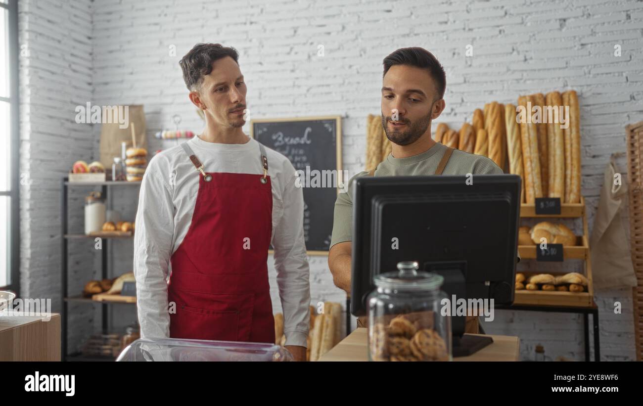 Two men working together in a bakery shop interior focused on a ...