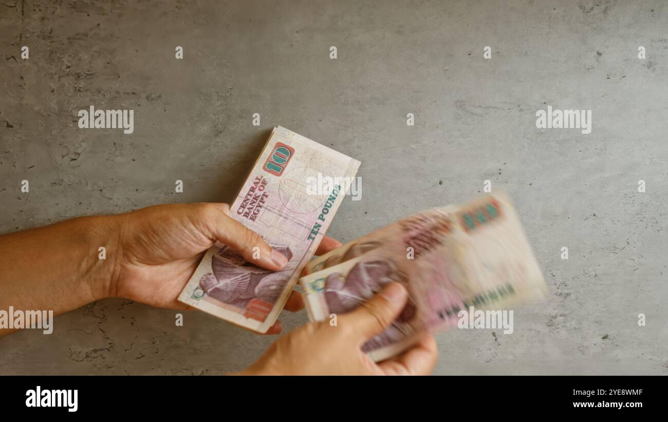 Hand holding egyptian pound notes against concrete background ...