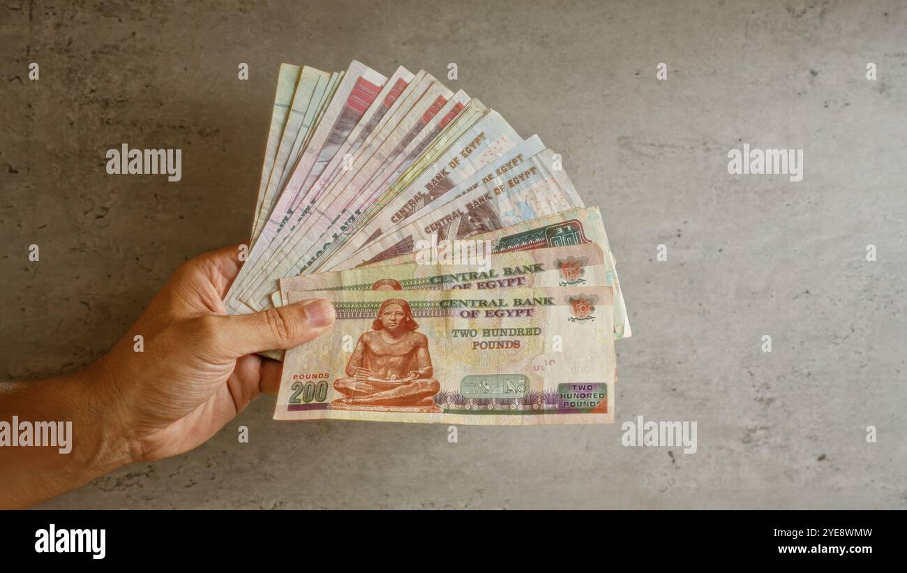 Hand holding a fan of egyptian pound banknotes against a concrete ...