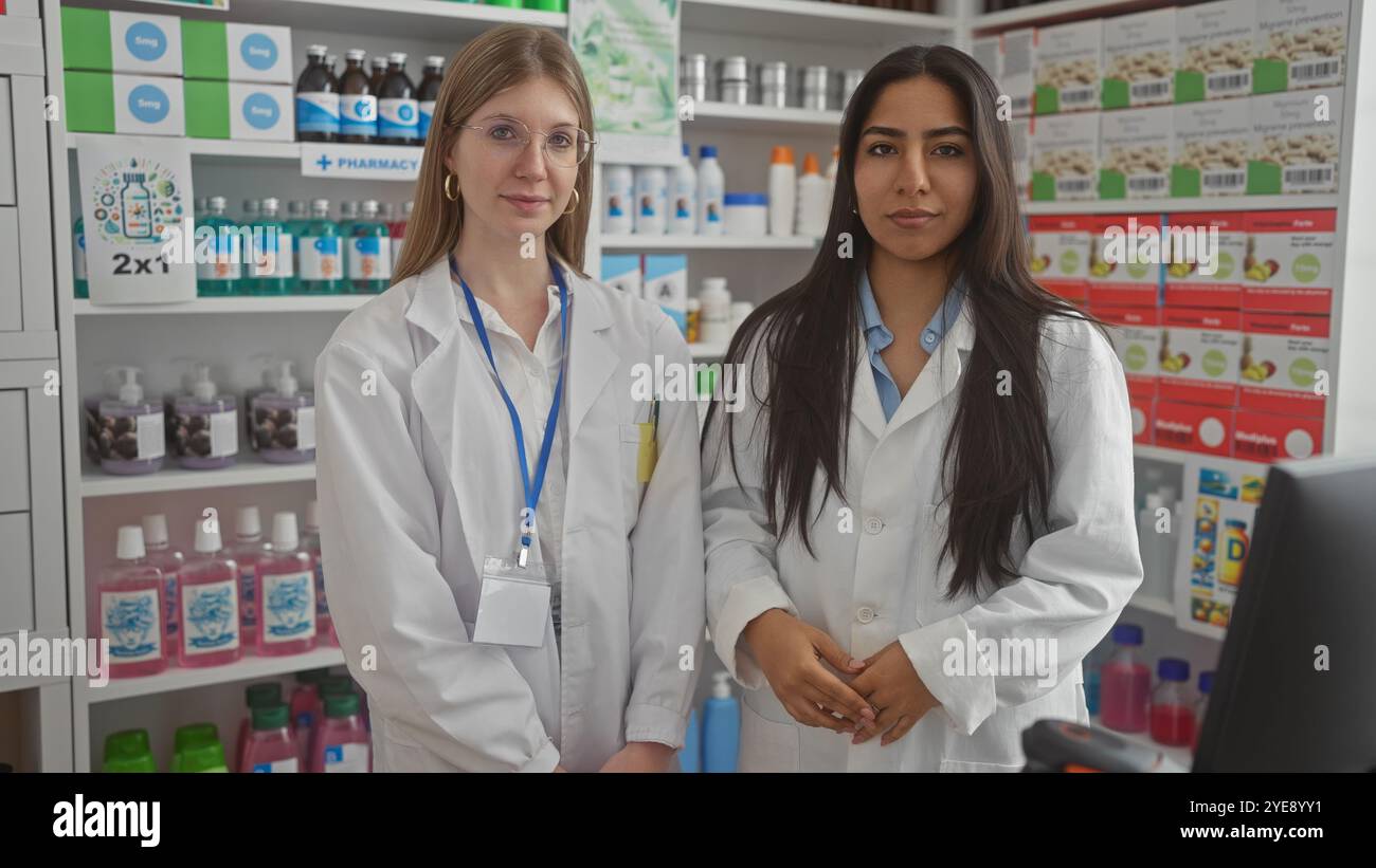 Two women pharmacists standing confidently in a modern pharmacy ...