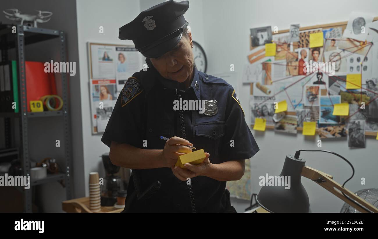 A female police officer writes notes while investigating a case in a ...